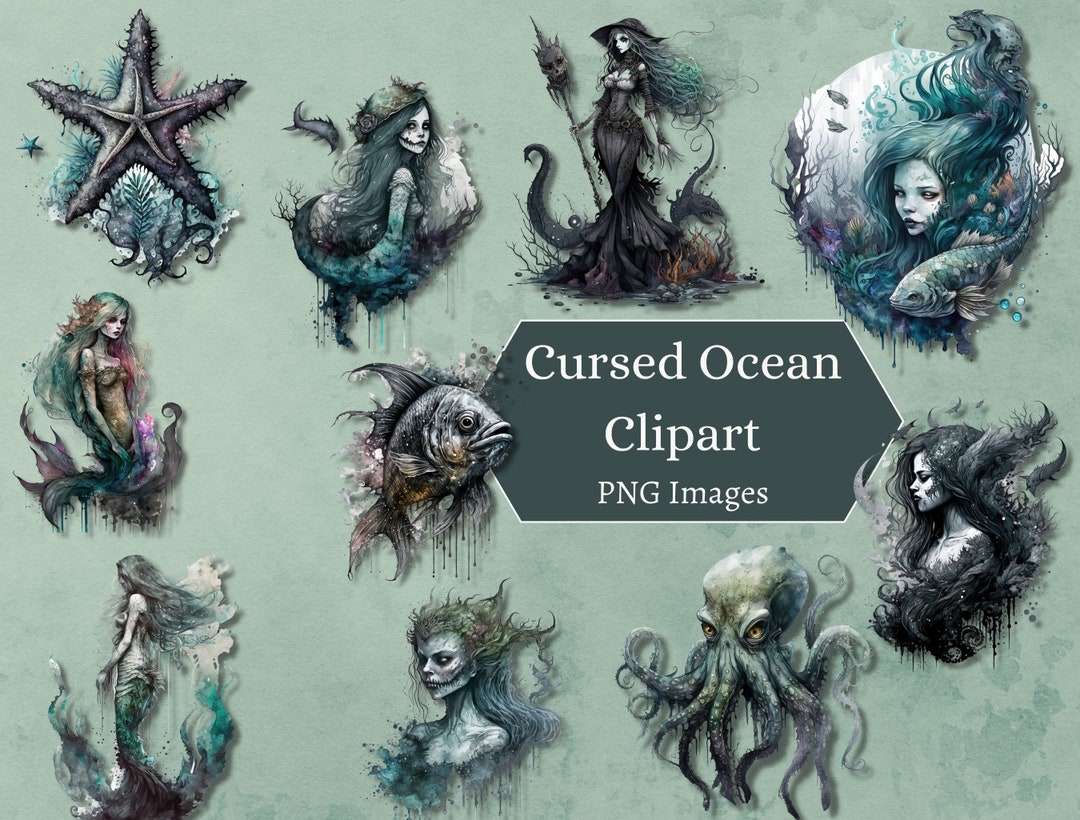 Cursed Ocean Mermaid Watercolor Clipart Bundle, 22 PNG Images Witch ...