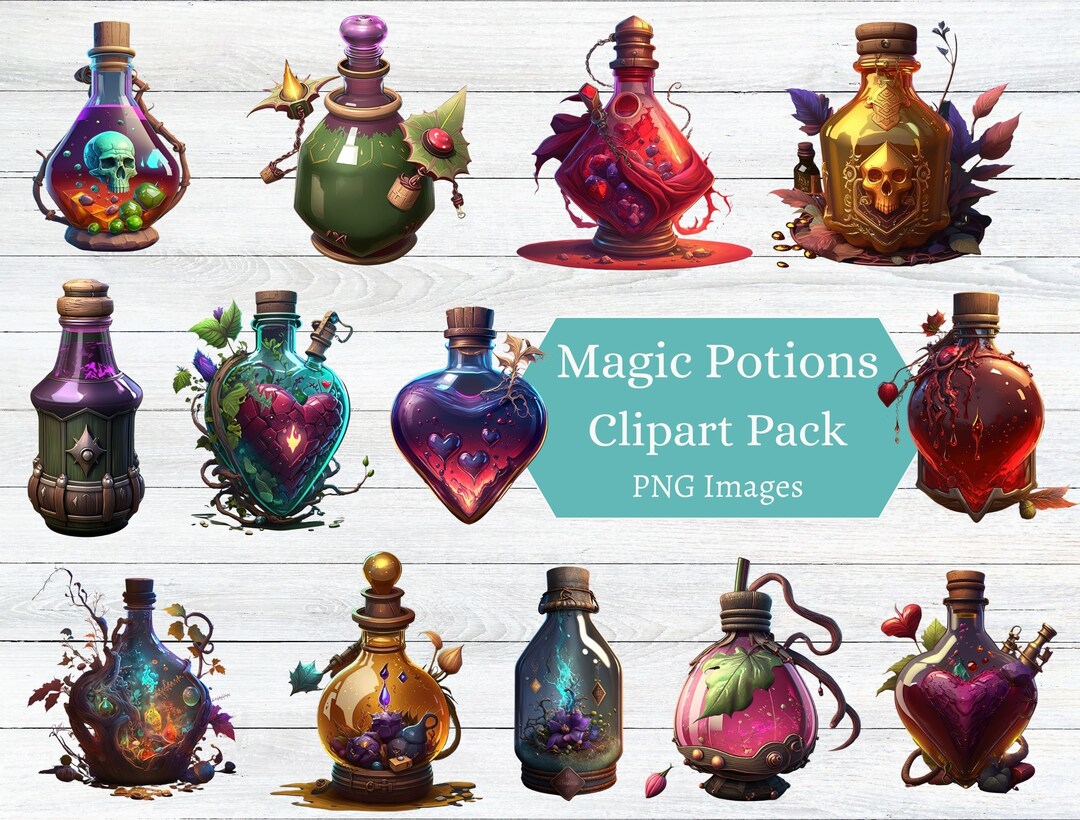 Magic Potion Bottles Clipart Bundle, 23 PNG Dnd Potions Love Health ...