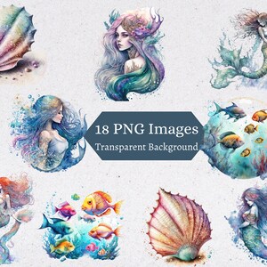 Magical Ocean Mermaid Watercolor Clipart Bundle, 18 PNG Images Digital ...