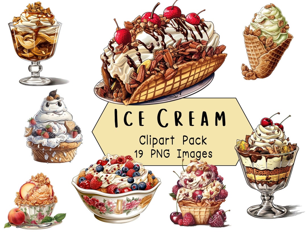 Ice Cream Clipart Bundle, 19 PNG Sweet Ice Cream Sundae Summer Digital ...