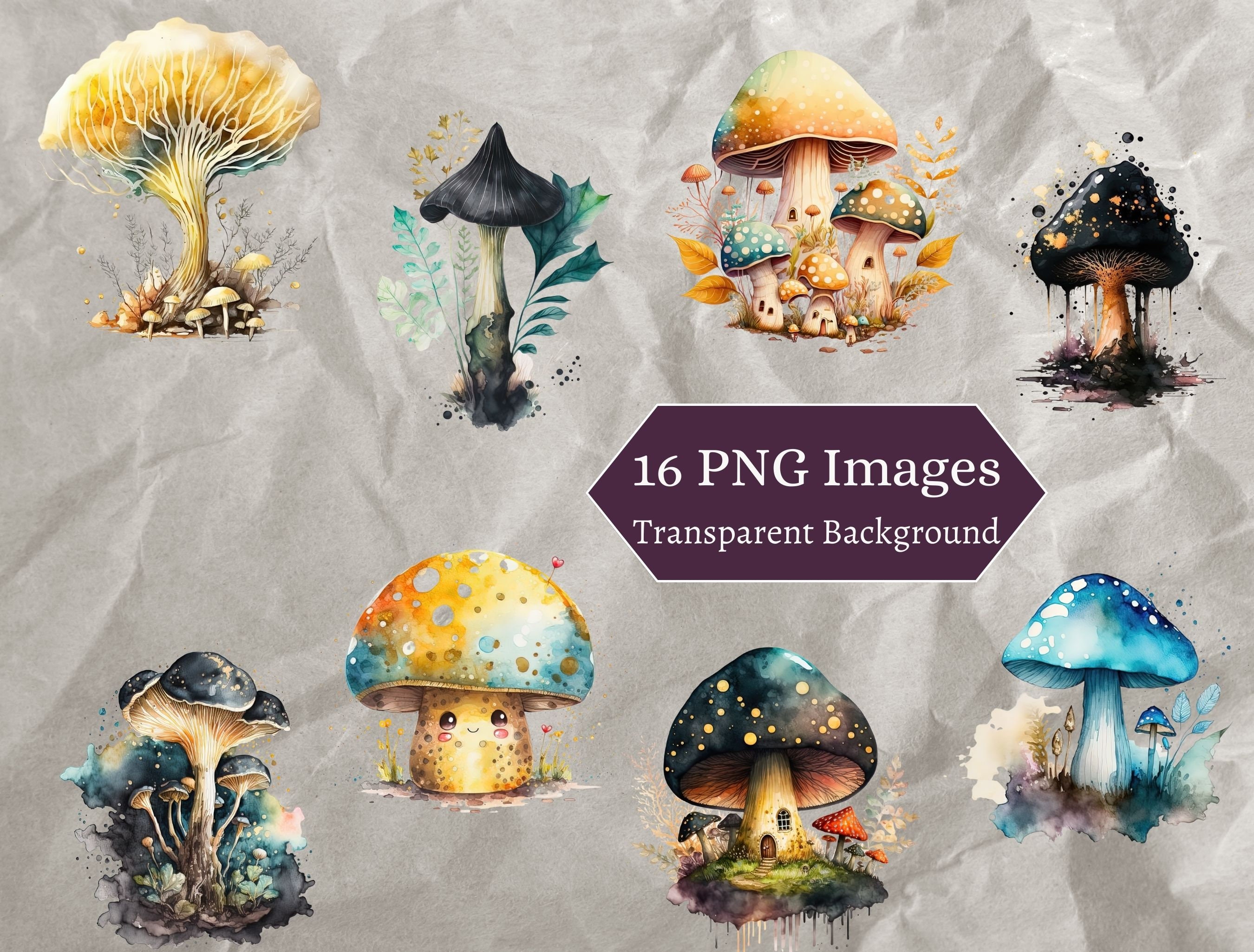 Happy Mushroom Watercolor Clipart Bundle 16 PNG Images Magic - Etsy