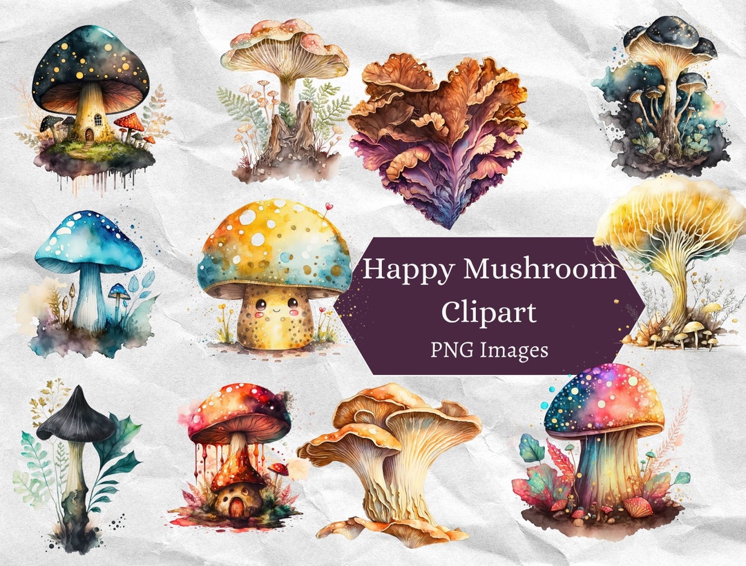 Happy Mushroom Watercolor Clipart Bundle, 16 PNG Images Magic Mushroom ...