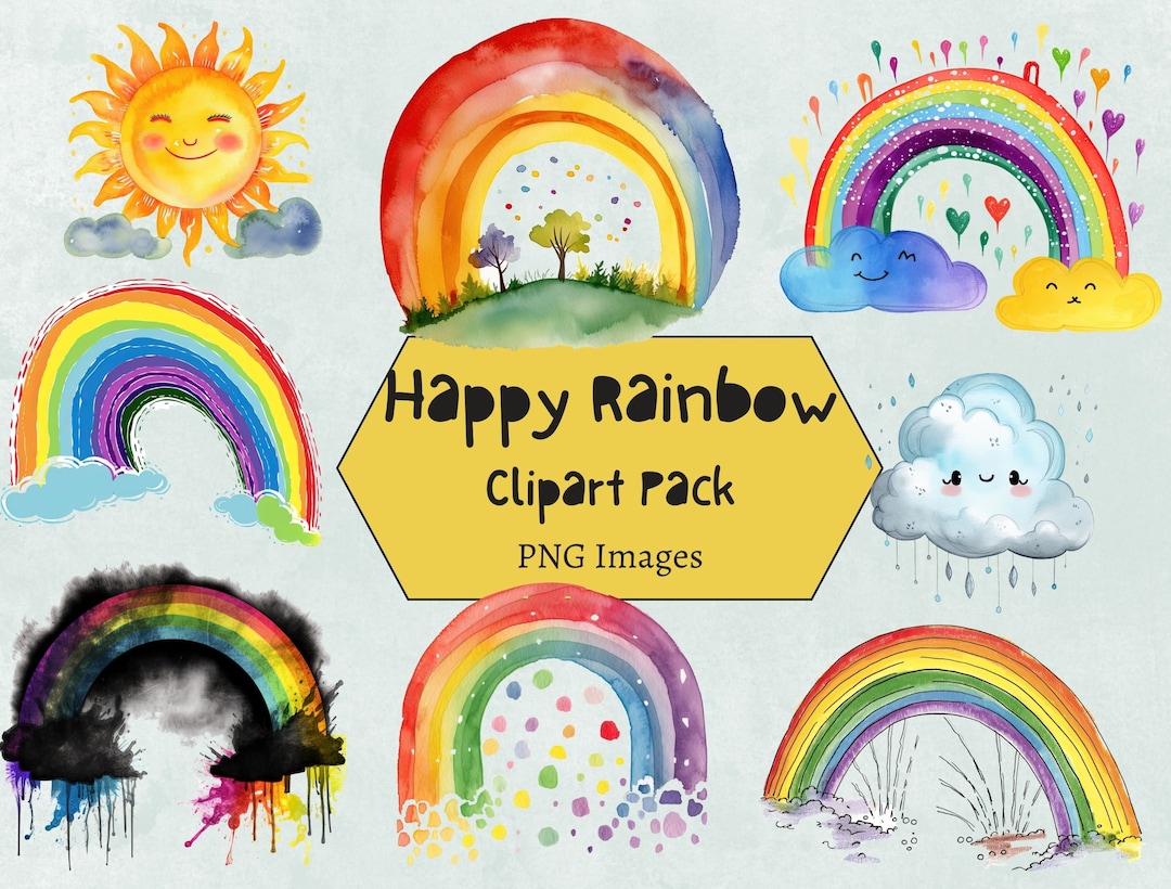Happy Rainbow Watercolor Clipart Bundle, 19 PNG Images Rainbow Sun ...