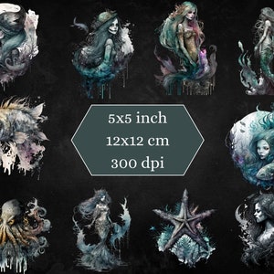 Cursed Ocean Mermaid Watercolor Clipart Bundle, 22 PNG Images Witch ...