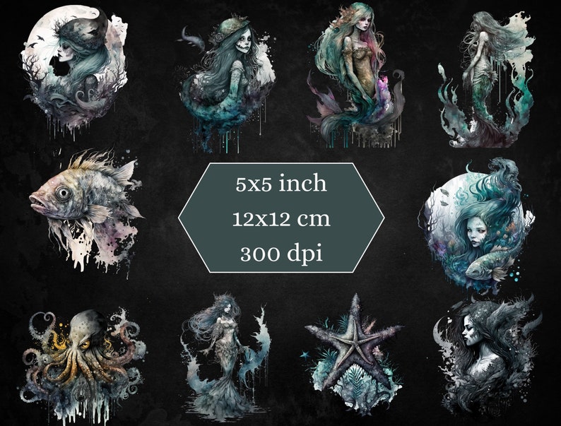 Cursed Ocean Mermaid Watercolor Clipart Bundle 22 PNG Images - Etsy