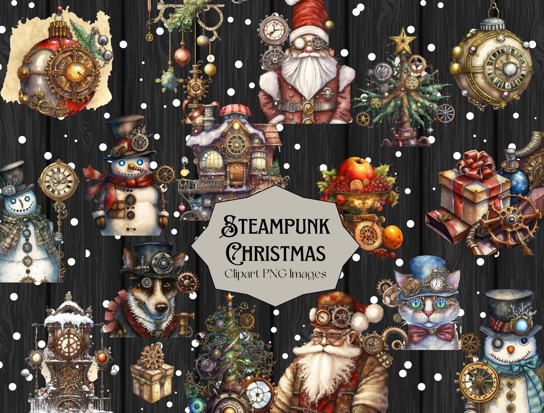 Steampunk Christmas Clipart Pack, 20 PNG Images Clip Art Retro ...