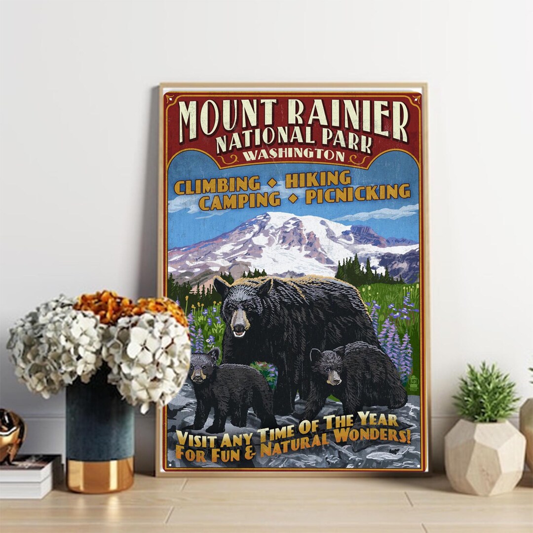 Mount Rainier National Park, Bear Family Vintage Sign, Metal Signs ...