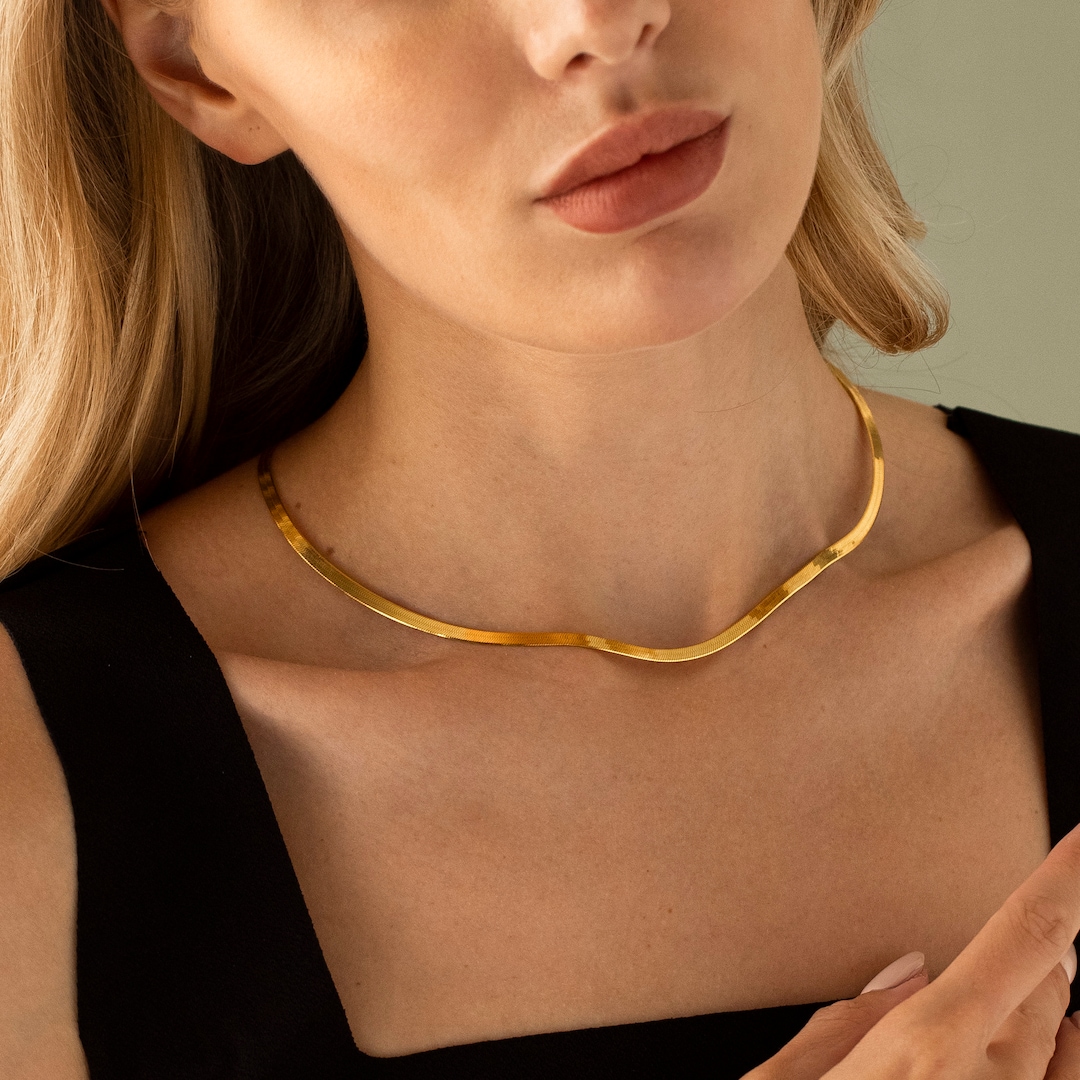 14K Gold Snake Chain Necklace, Silver Herringbone Chain Necklace | 14K ...