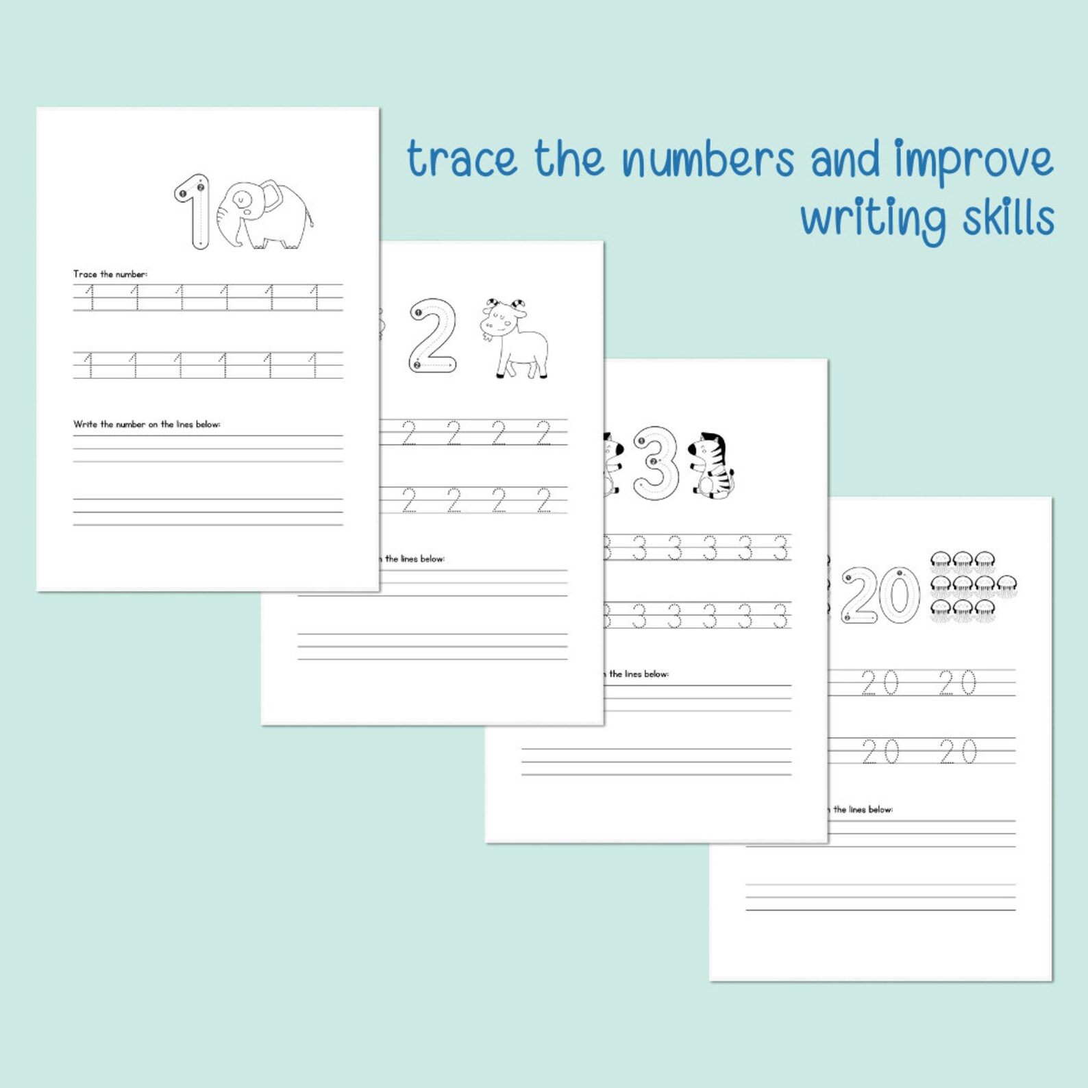 Number Tracing Worksheet 1-20, Printable Handwriting Practice, Number ...