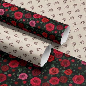Red Rose Wrapping Paper Wedding Gift Wrap Botanical Flower Print Moody ...
