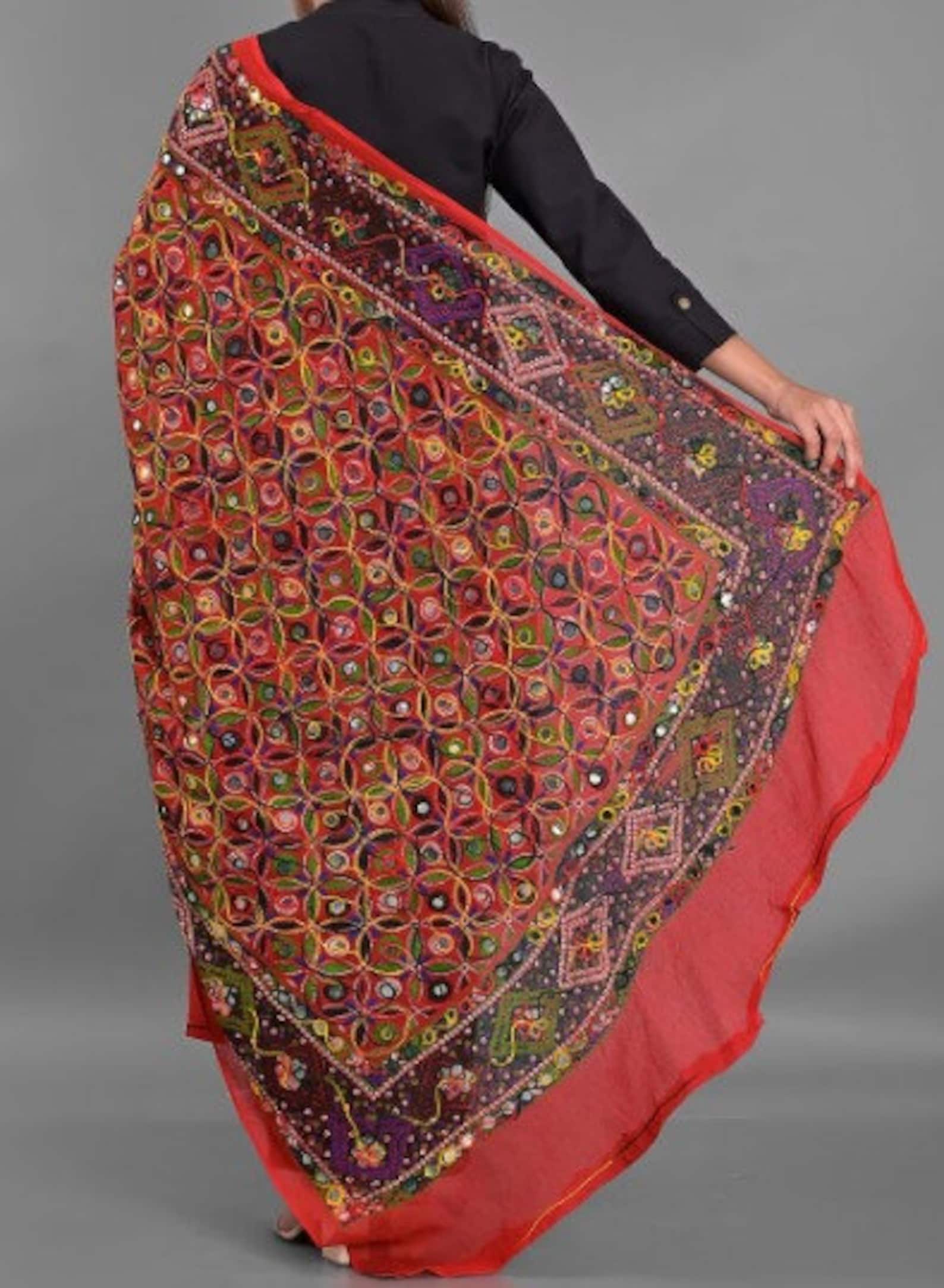 Phulkari Kantha Kutch Mirror Foli Work Heavy Embroidery Cotton Dupatta ...