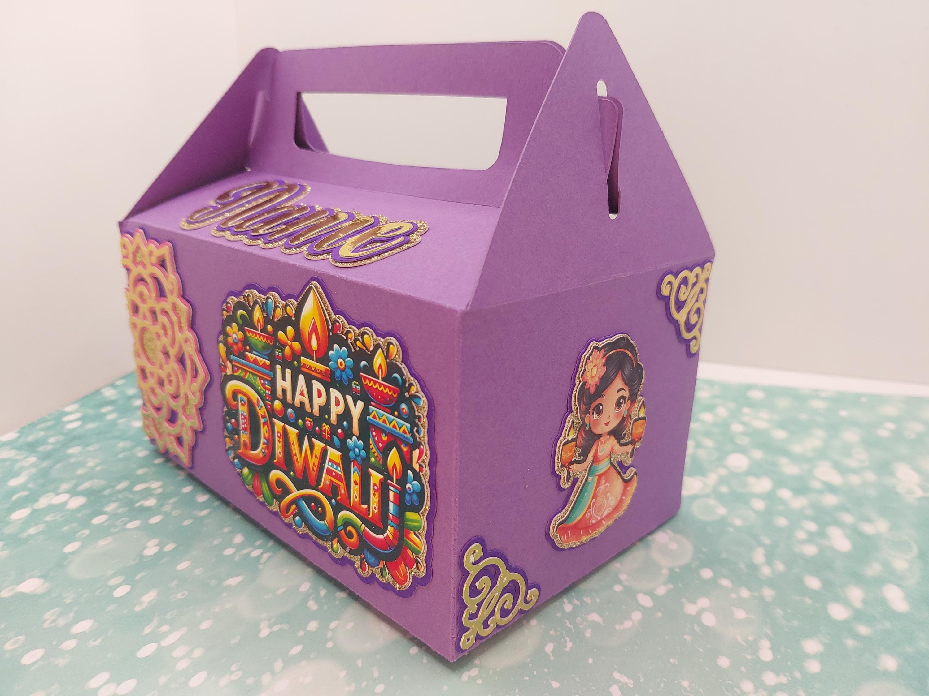 Customizable Diwali Gable Box With Name Handmade Purple Gift Box With ...
