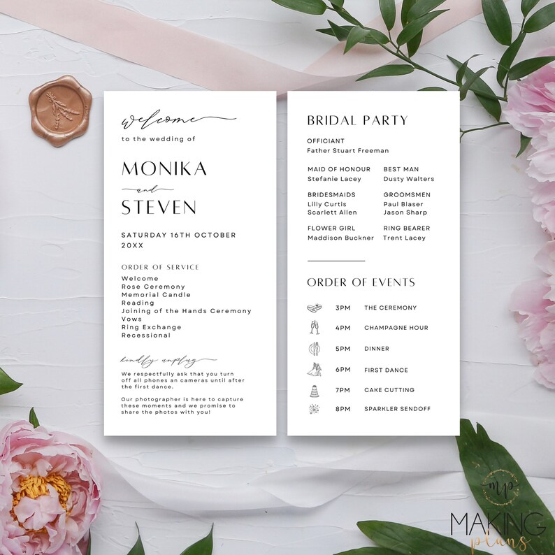 Minimalist Wedding Program Template Slim Order of Service Printable ...