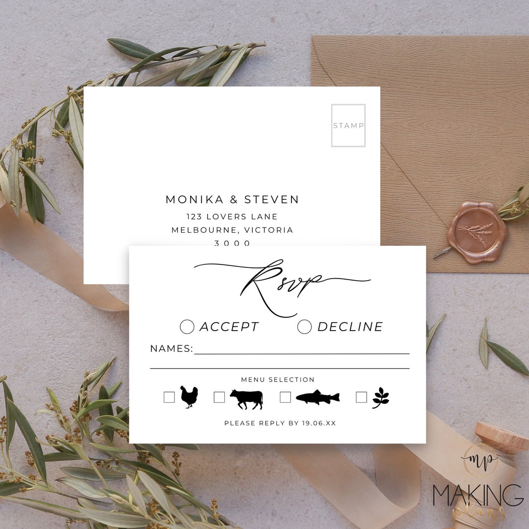 RSVP Card With Meal Choice, Printable RSVP With Menu Selection, Details Card Instant Download ...