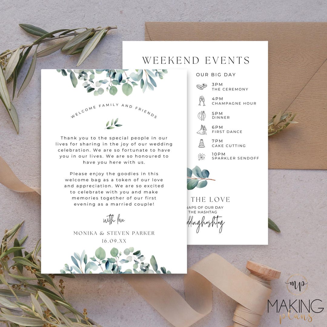 Wedding Welcome Note for Guests, Wedding Weekend Timeline Printable ...