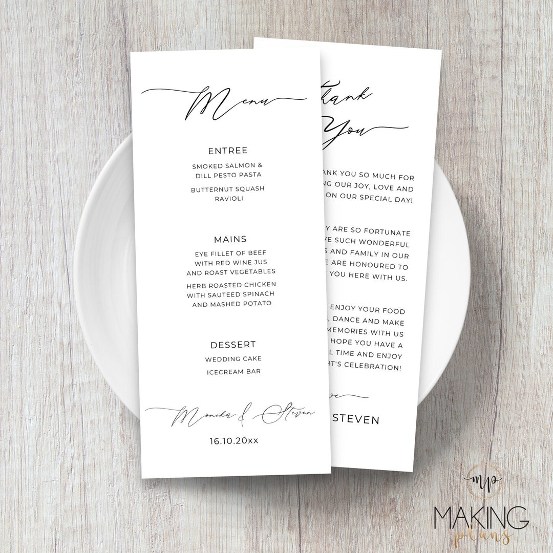 Thank You and Menu Template Download, Modern Wedding Menu Napkin Note ...