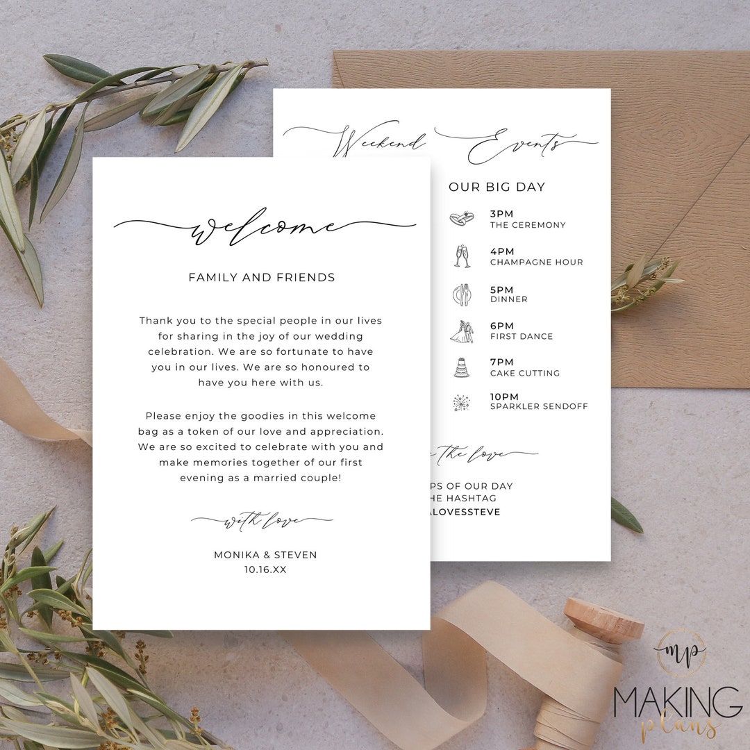 Wedding Welcome Note for Guests, Wedding Weekend Timeline Printable ...