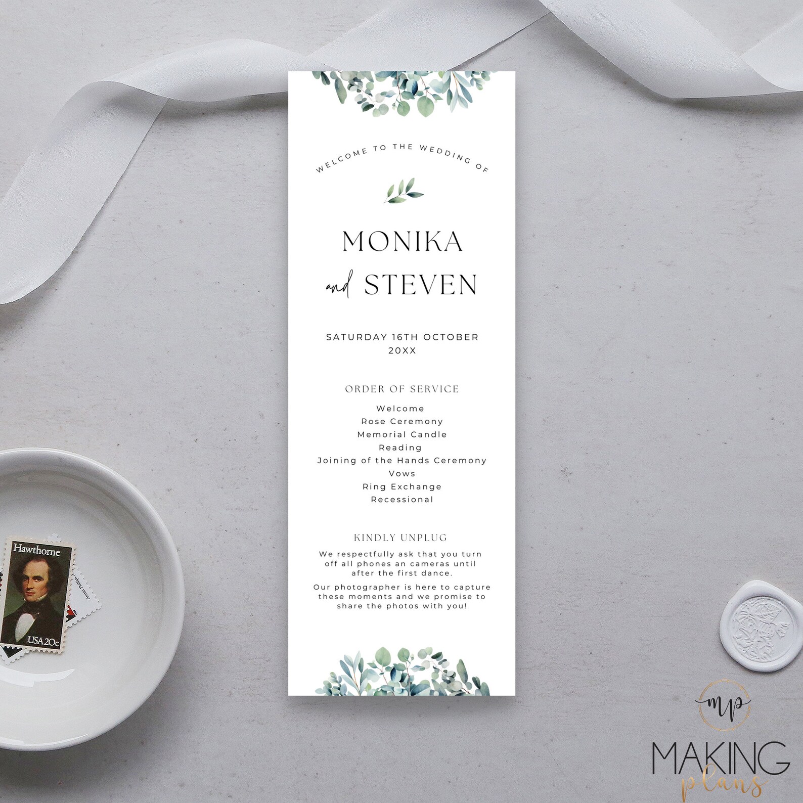 Modern Wedding Program Template, 4x11 Slim Order of Service, Printable ...