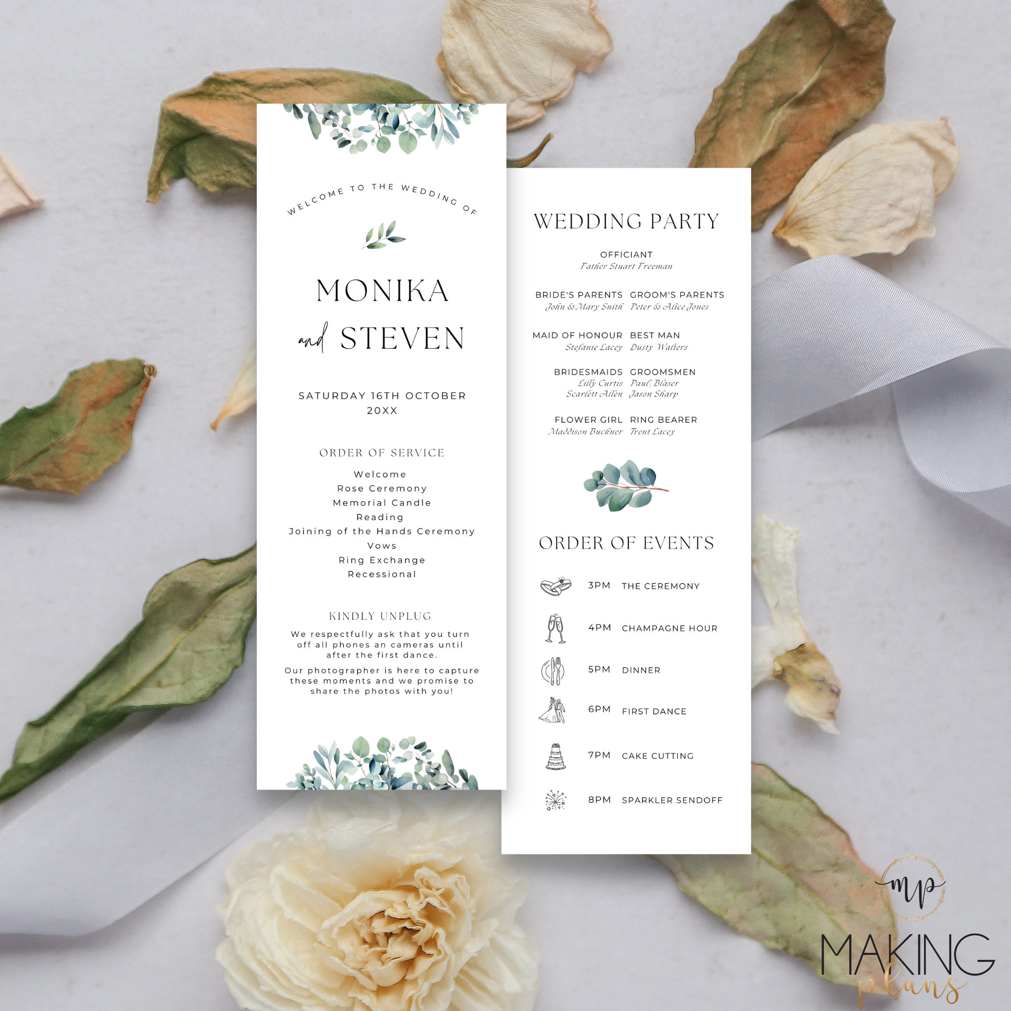 Modern Wedding Program Template, 4x11 Slim Order of Service, Printable ...