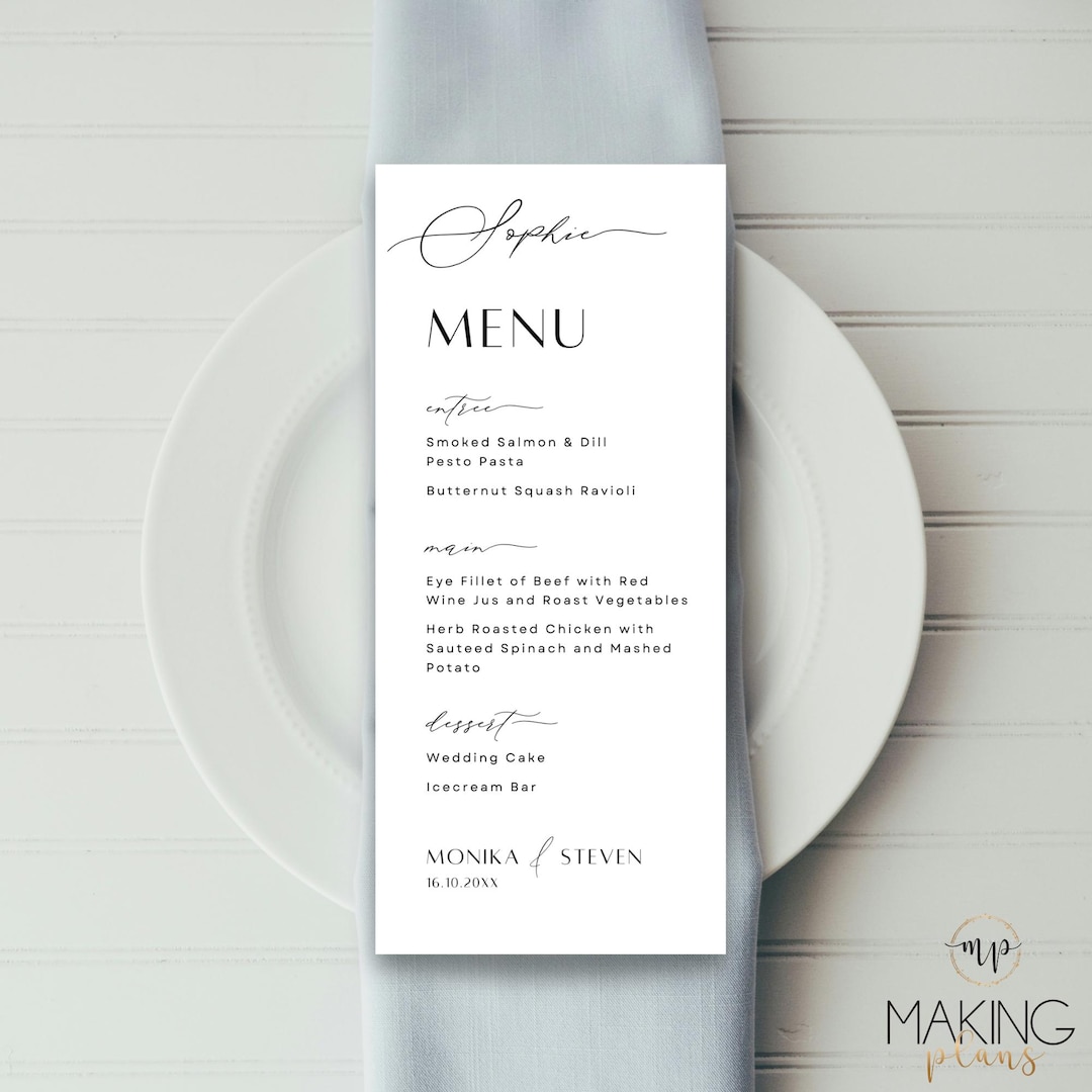 Personalized Printable Menu Wedding Minimalist Menu Card Modern Simple ...