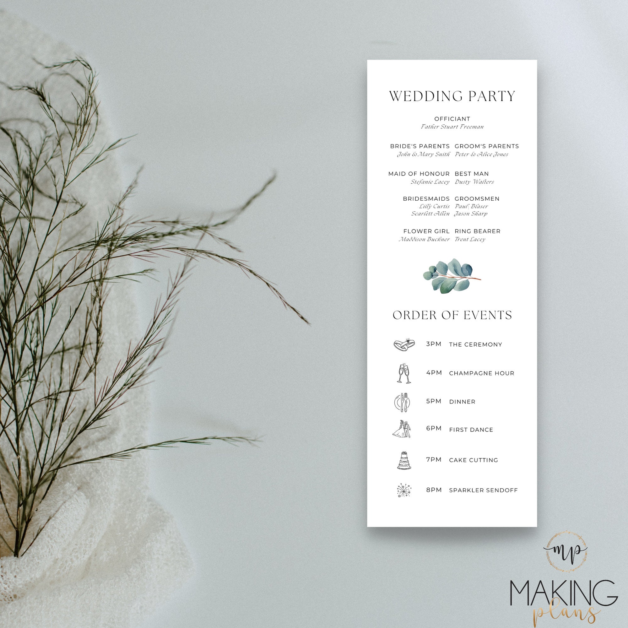 Modern Wedding Program Template, 4x11 Slim Order of Service, Printable ...