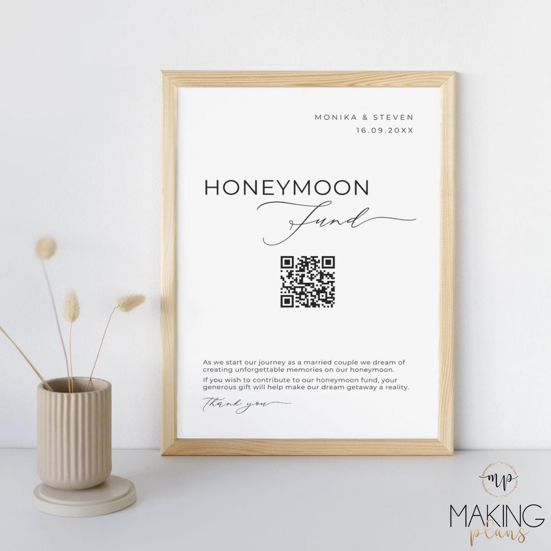 Modern QR Code Honeymoon Fund Sign Elegant Wedding Reception Table ...