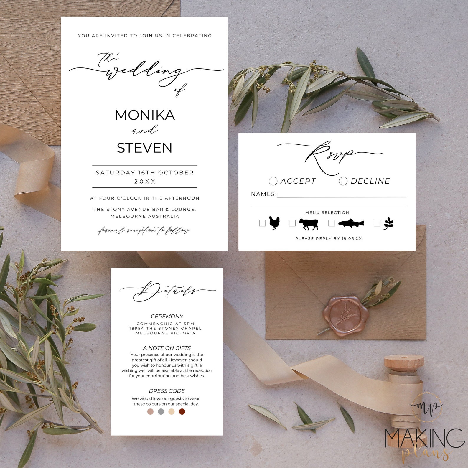 RSVP Card With Meal Option Icons, Response Card, Minimalist Wedding ...