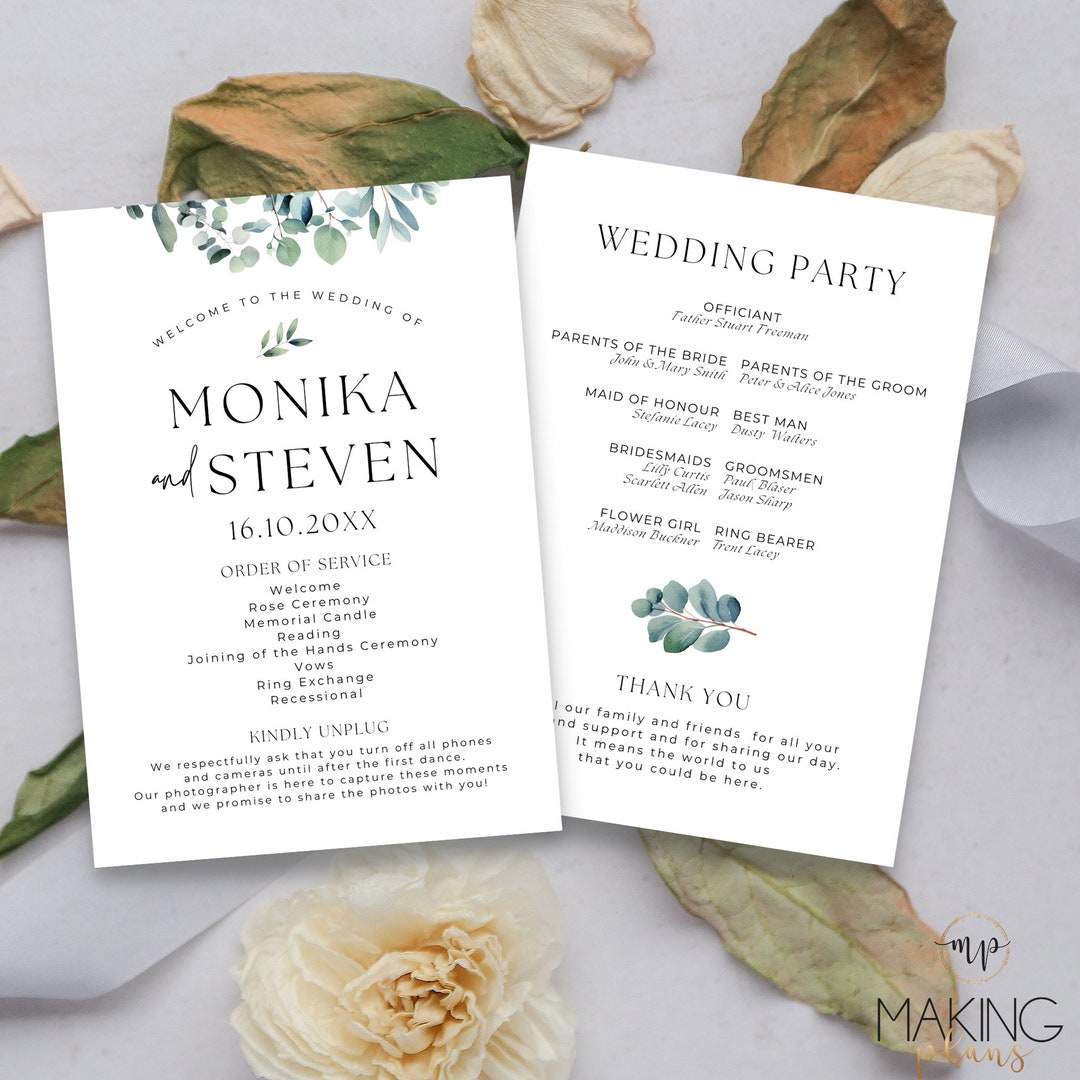 Church Ceremony Program, Greenery Wedding Program, DIY Church Program ...