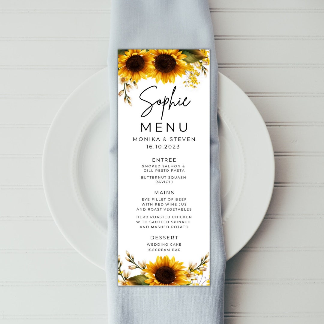 Personalized Printable Menu Sunflower Wedding Template Name Menu Rustic ...