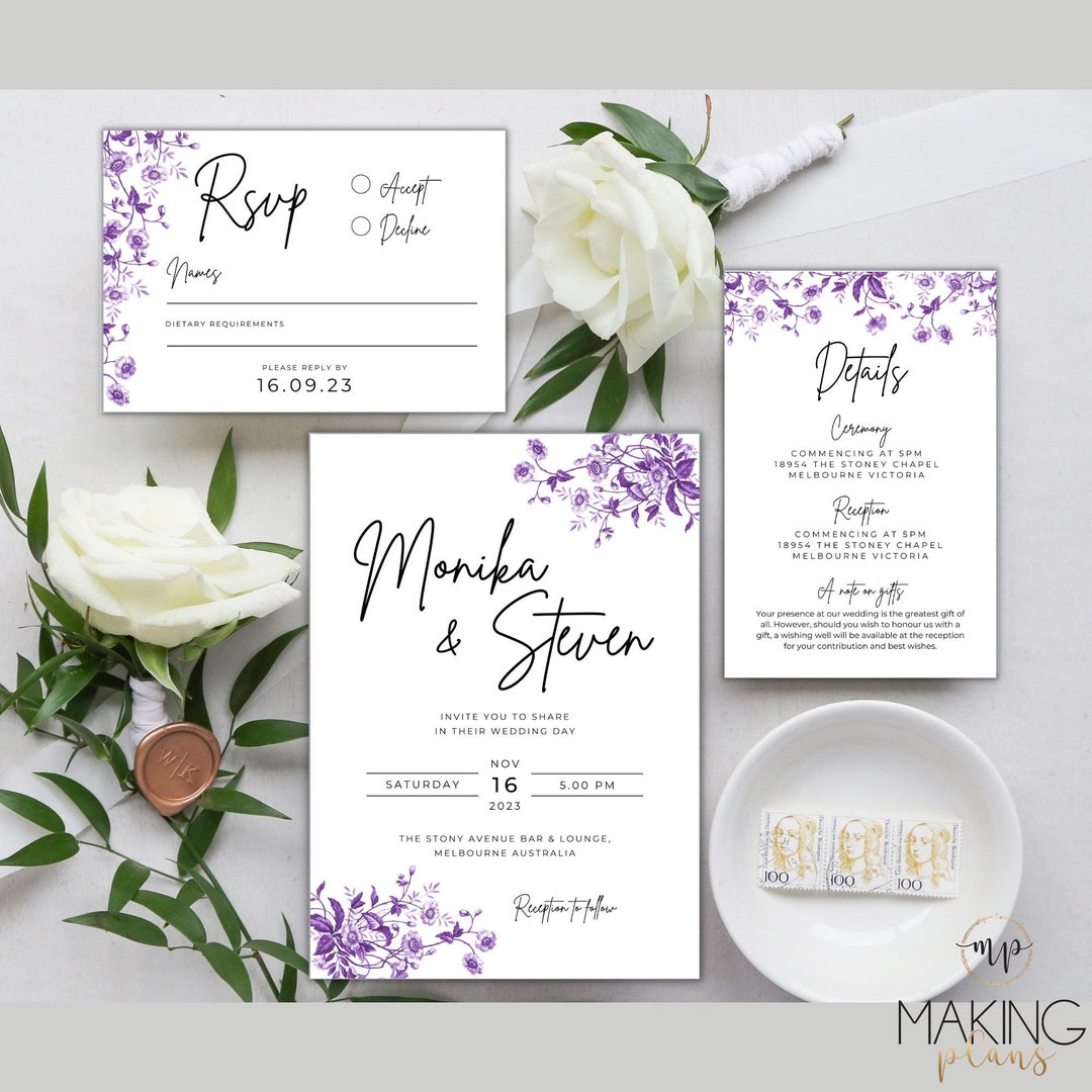 Plantilla de conjunto de invitación de boda floral lila suite - Etsy España