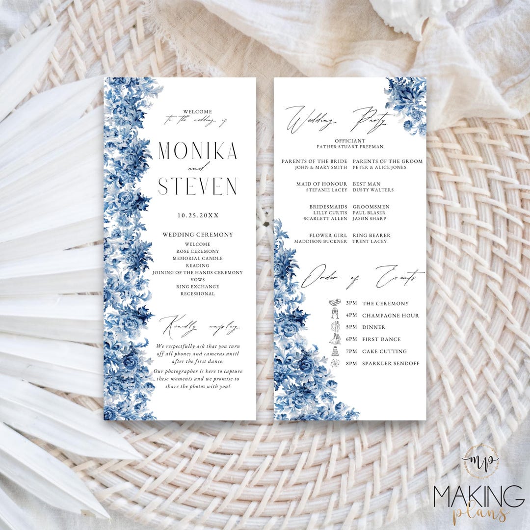 Blue Floral Wedding Program Template 4x9" Slim Order of Service Printable Ceremony Card DIY ...