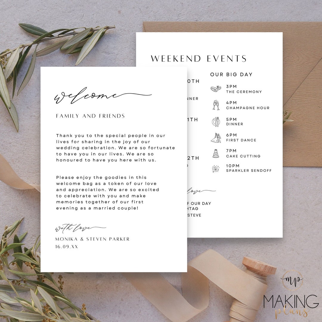 Minimalist Welcome Letter, Wedding Timeline Template, Modern Wedding ...