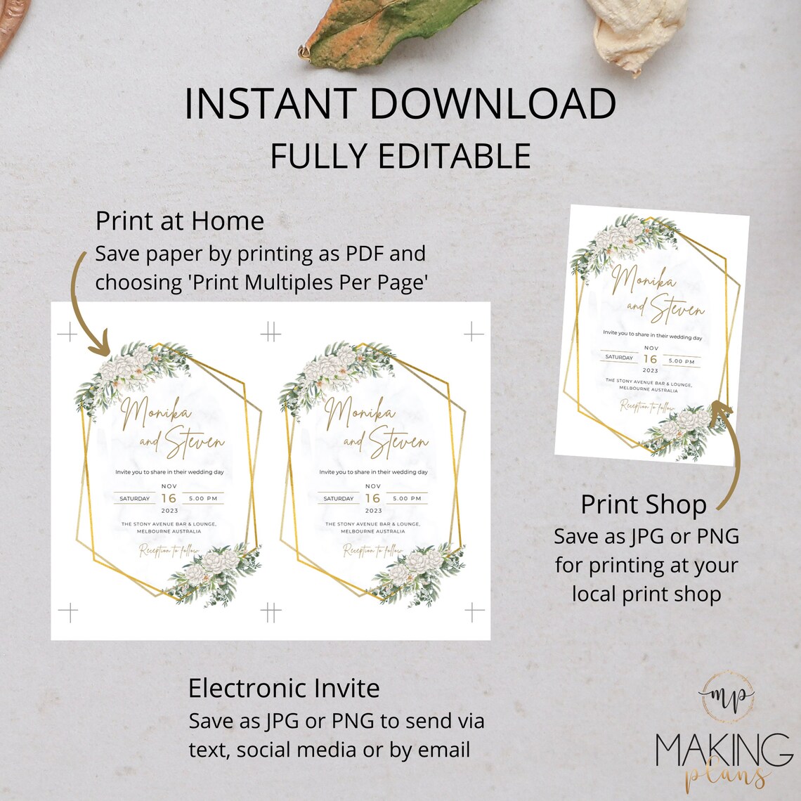Printable Wedding Invite With QR Code, Gold Geometric Invitation Set ...