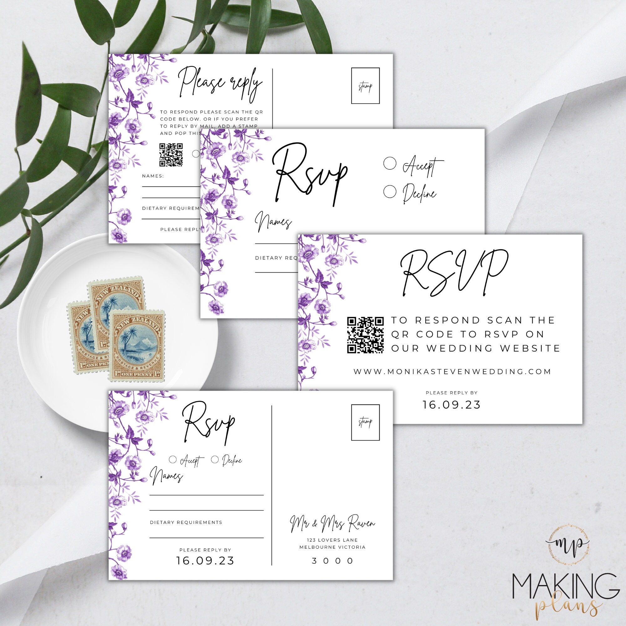 Plantilla de conjunto de invitación de boda floral lila suite - Etsy España