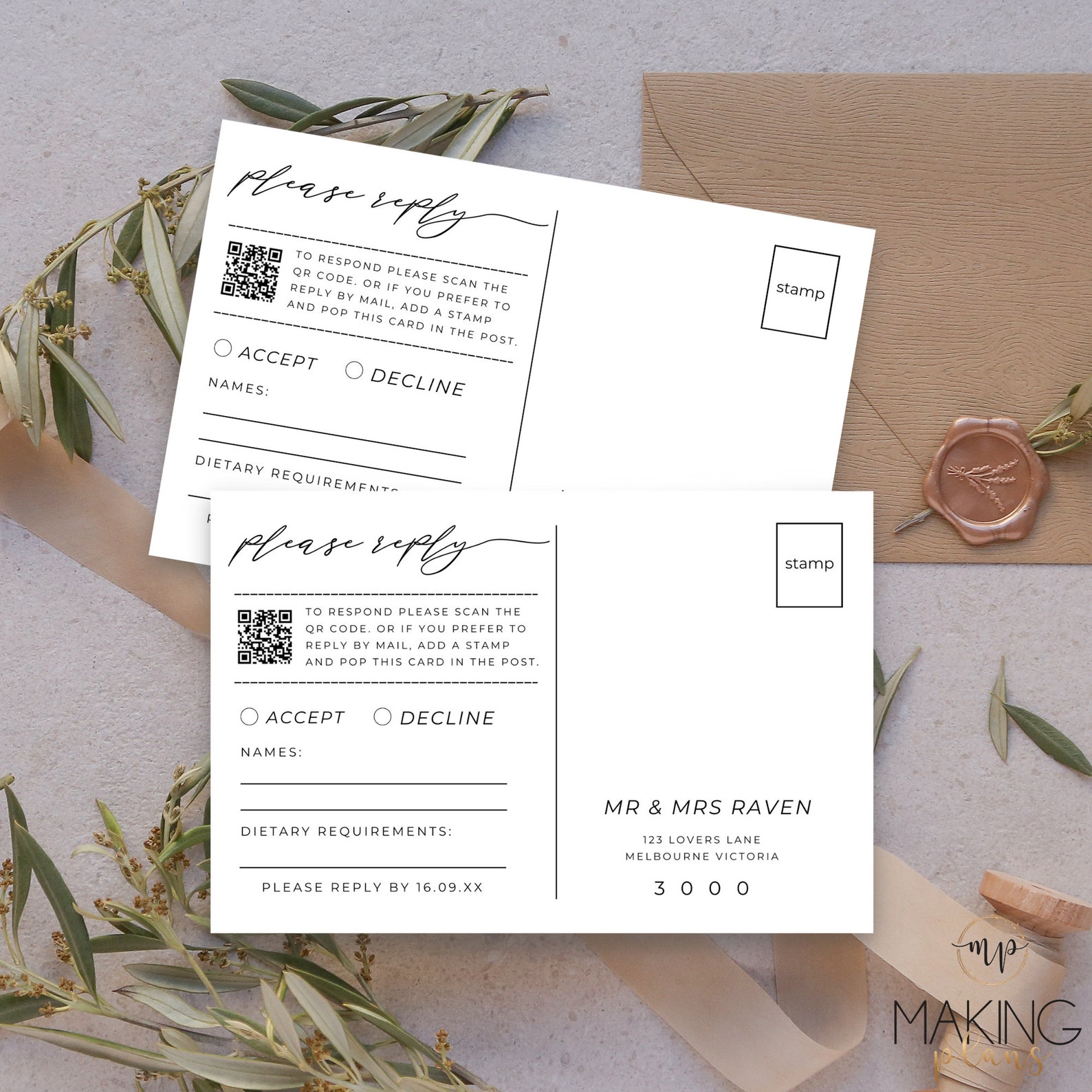 RSVP Card With Meal Option Icons, Response Card, Minimalist Wedding Reply Card, Dietary ...