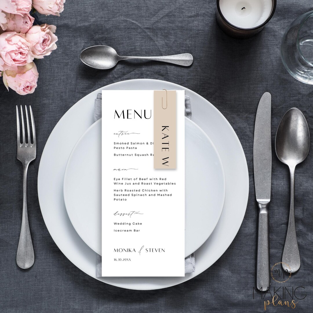 4x9” Wedding Menu & Slim Name Tag Set Editable Canva Templates ...