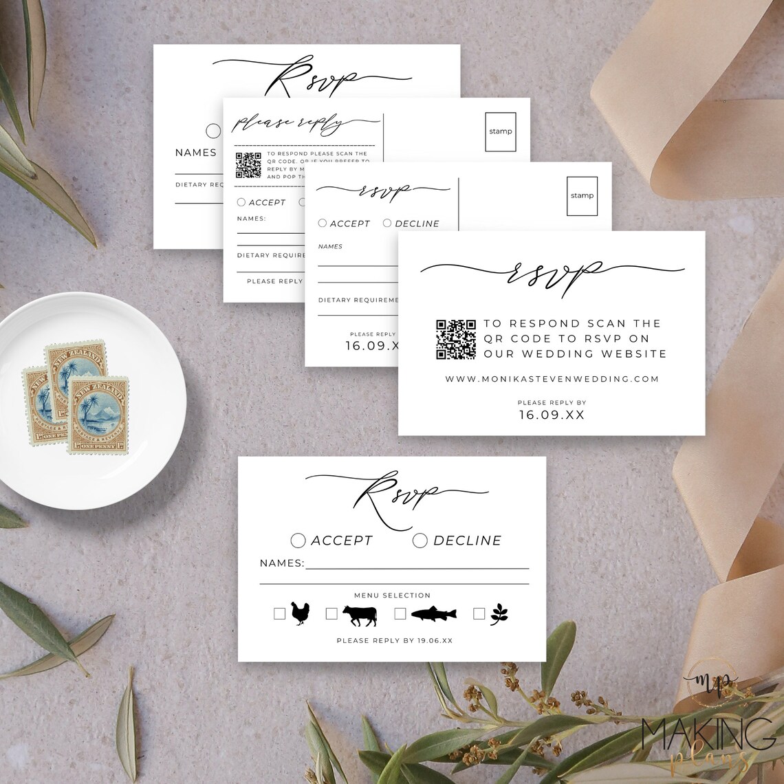 RSVP Card With Meal Option Icons, Response Card, Minimalist Wedding ...