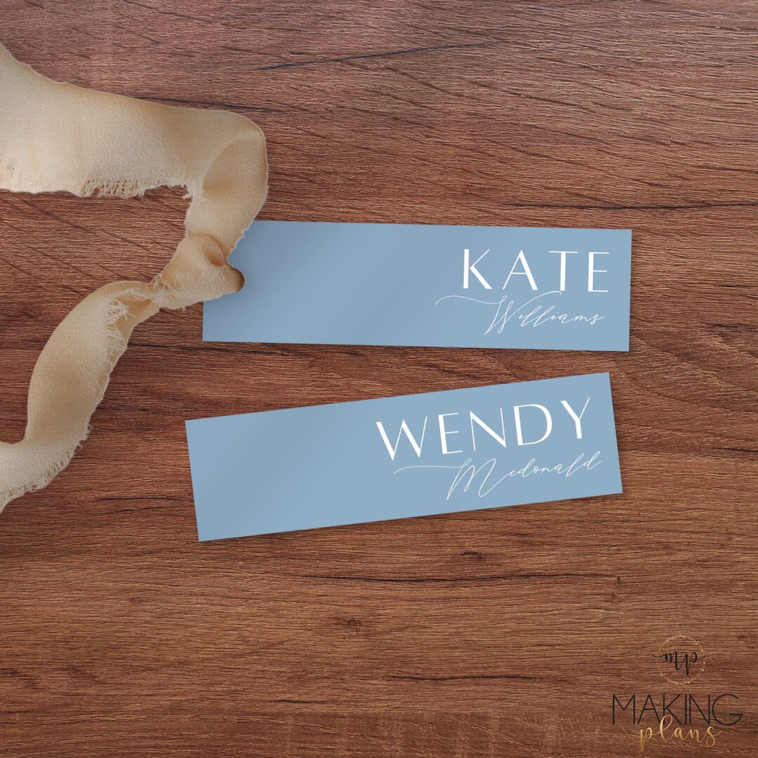 Dusty Blue Slim Wedding Place Cards Modern Thin Guest Name Tags ...