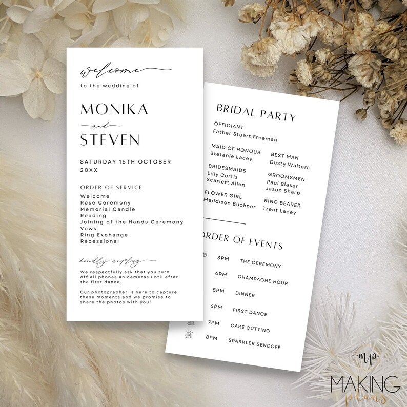 Minimalist Wedding Program Template Slim Order of Service Printable ...