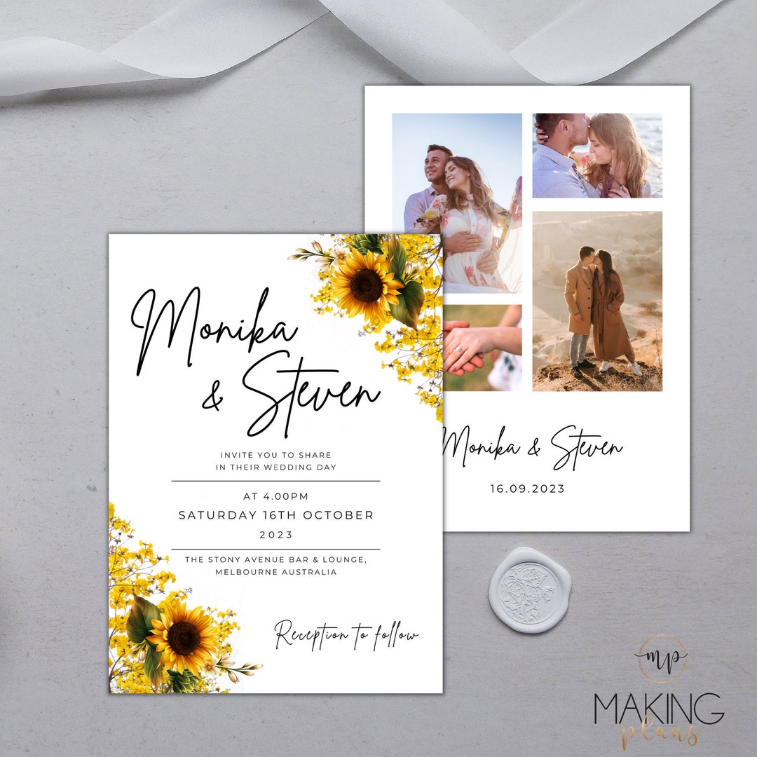 Wedding Invite With Pictures, Photo Wedding Invite, Yellow Sunflower ...
