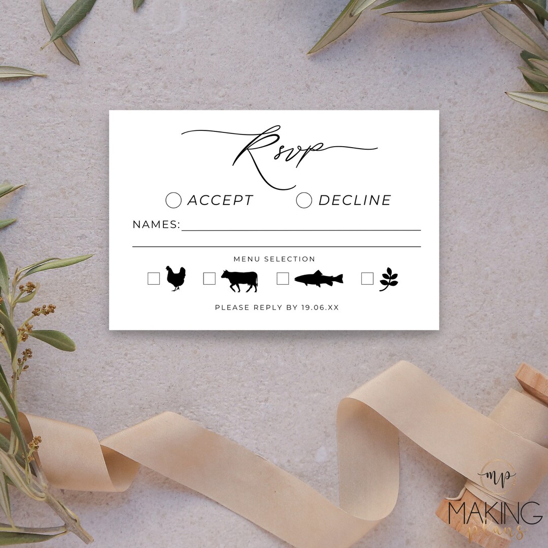 RSVP Card With Meal Option Icons, Response Card, Minimalist Wedding ...