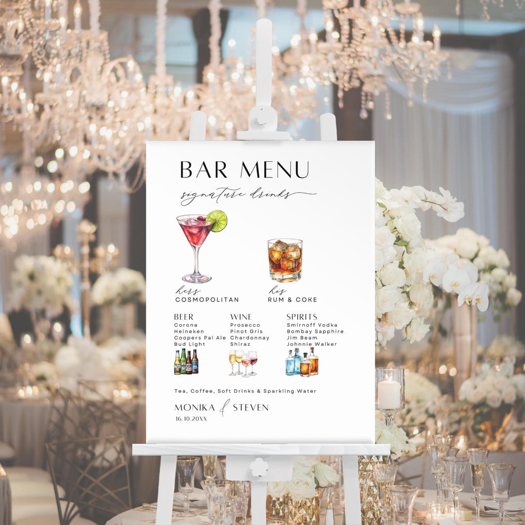 Letrero de menú de bar para bodas, cócteles para él y para ella, lista ...
