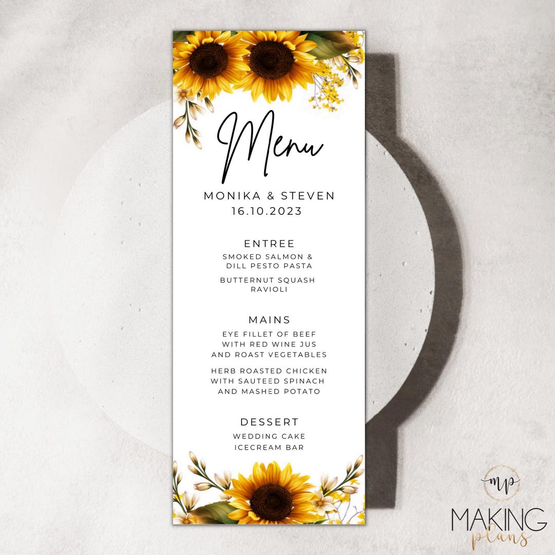 Rustic Sunflower Wedding Menu Template Printable Dinner Menu Digital ...