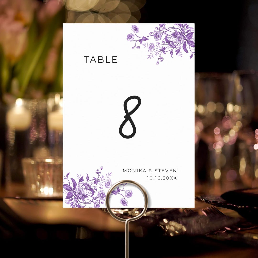 Purple Floral Table Numbers Lavender Lilac Wedding Table Card Elegant Boho Spring Flowers ...