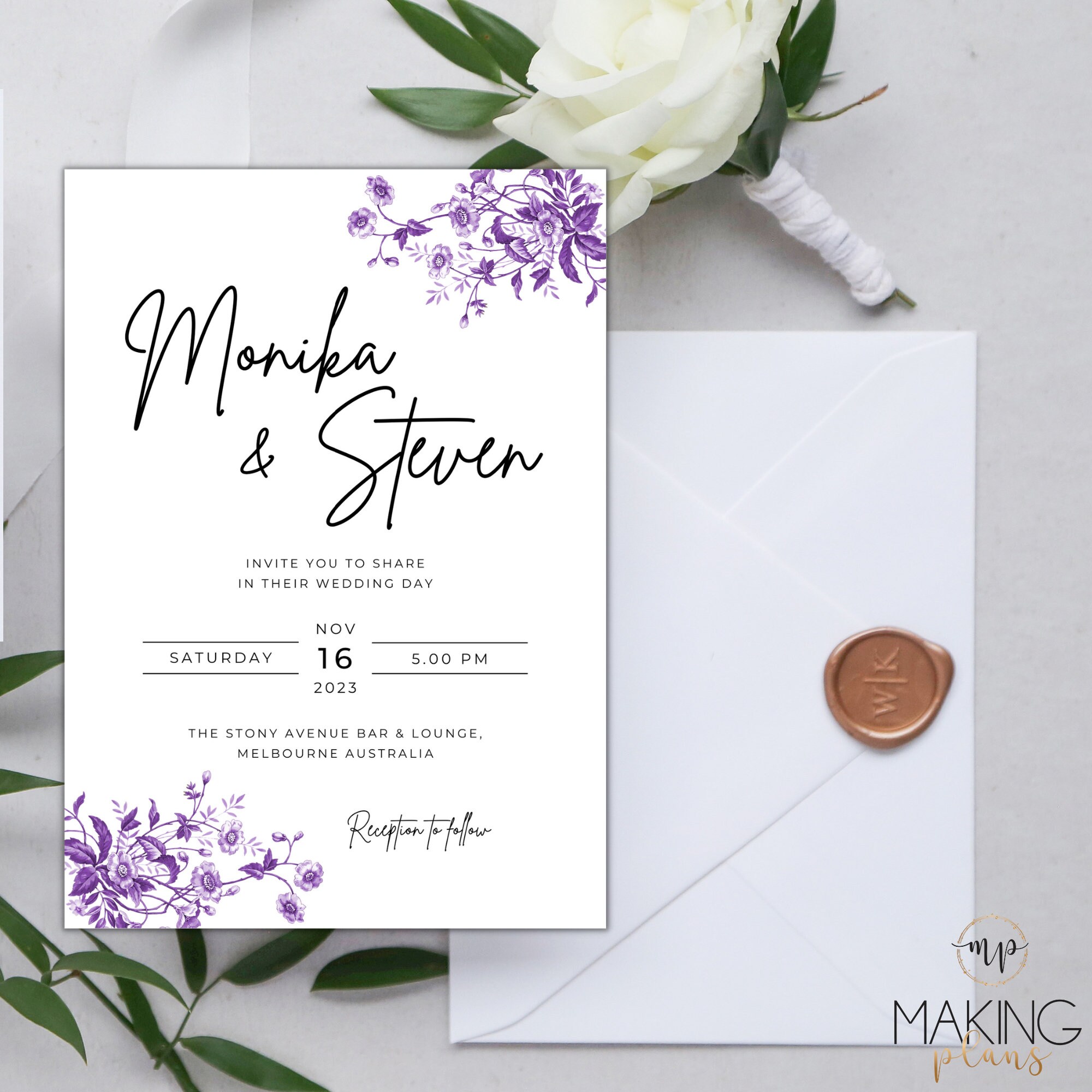 Plantilla de conjunto de invitación de boda floral lila suite - Etsy España