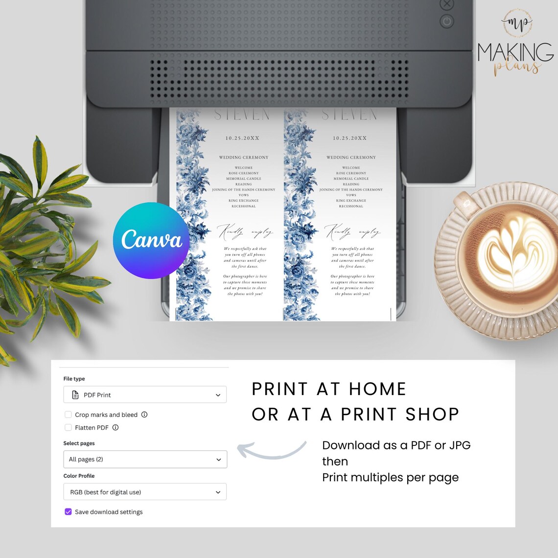 Blue Floral Wedding Program Template 4x11" Slim Order of Service ...