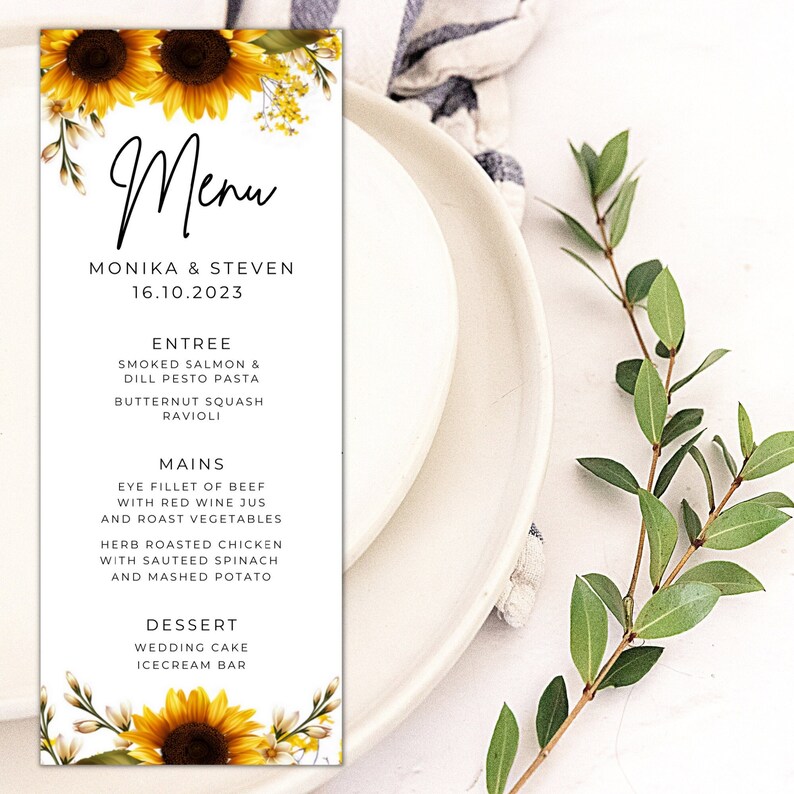 Rustic Sunflower Wedding Menu Template Printable Dinner Menu Digital ...