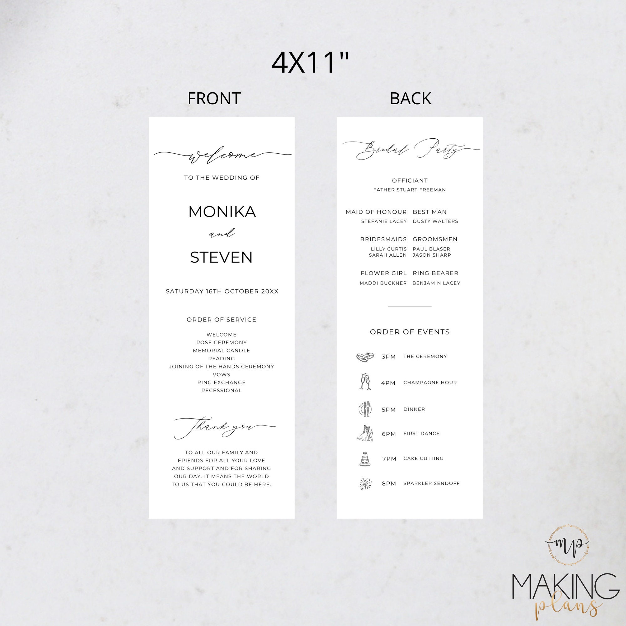Modern Wedding Program Template, 4x11 Slim Order of Service, Printable ...
