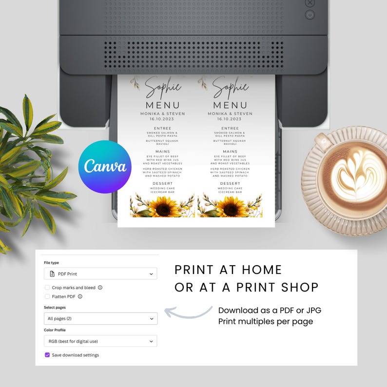 Rustic Sunflower Wedding Menu Template Printable Dinner Menu Digital ...