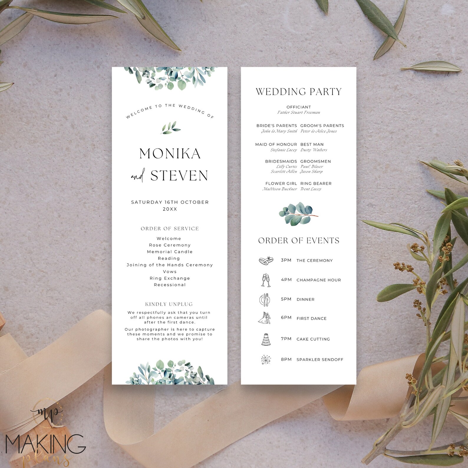 Modern Wedding Program Template, 4x11 Slim Order of Service, Printable ...